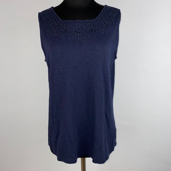 Talbots | Tops | Talbots M Navy Blue Floral Embroidered Eyelet Front Neckline Tank Top | Poshmark